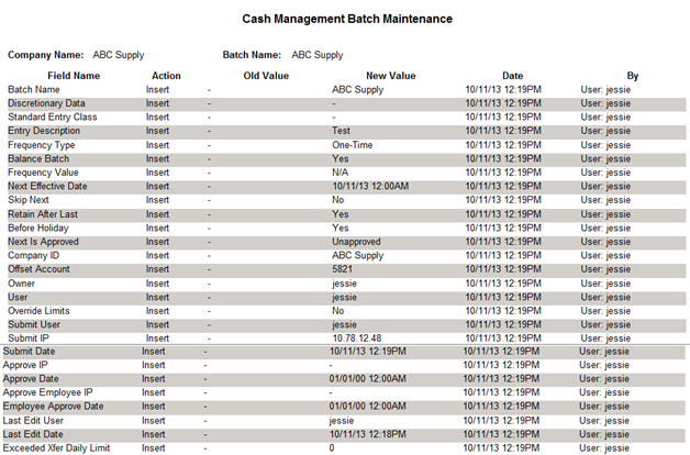 Cash Management Batch Maintenance report